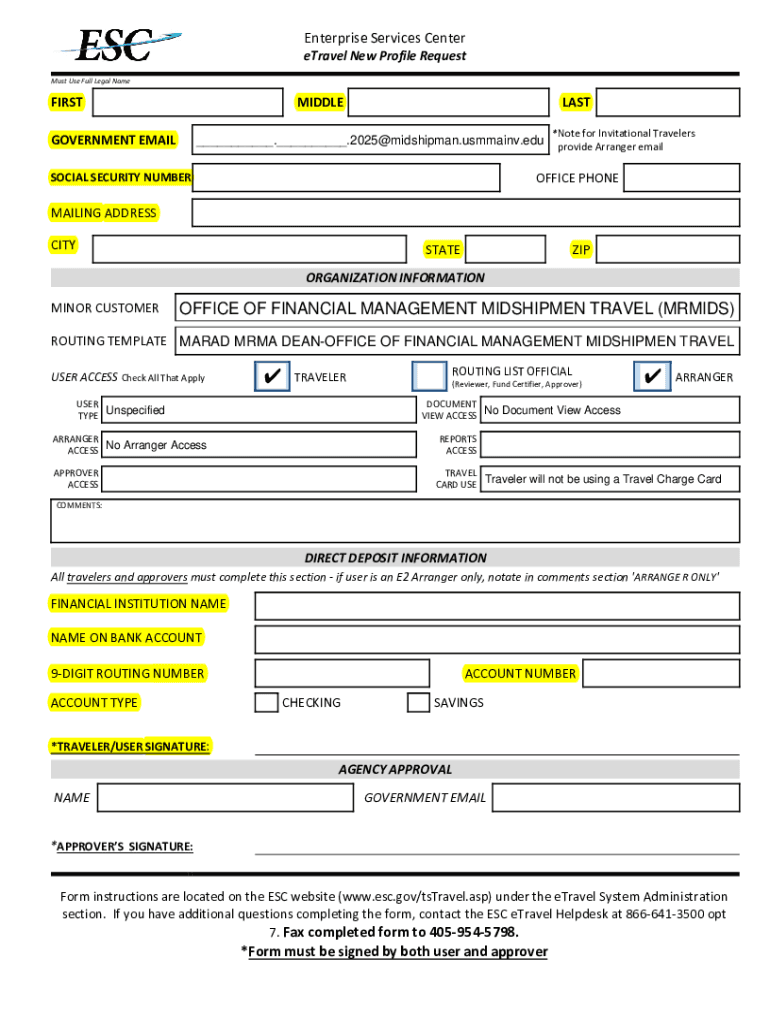 Fillable Online eTravel New Profile Request - Enterprise Services ...