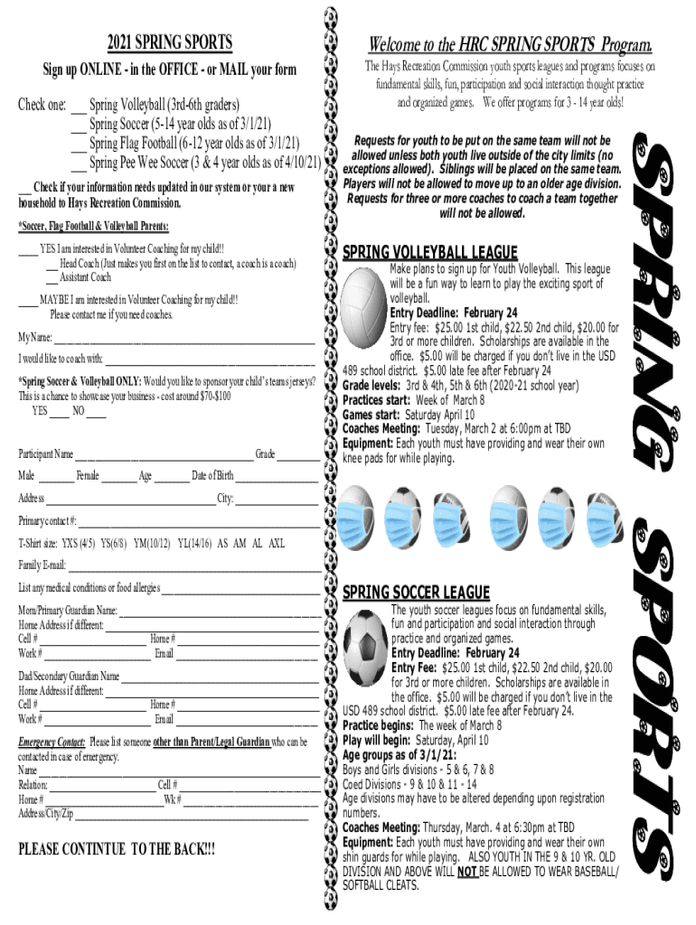 Fillable Online Welcome to the HRC SPRING SPORTS Program. Fax Email ...