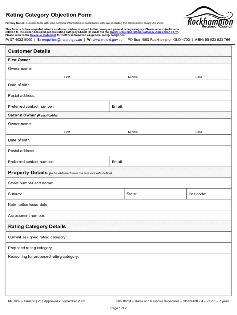 Fillable Online Notice of Objection to Rates CategoryCairns Regional ...
