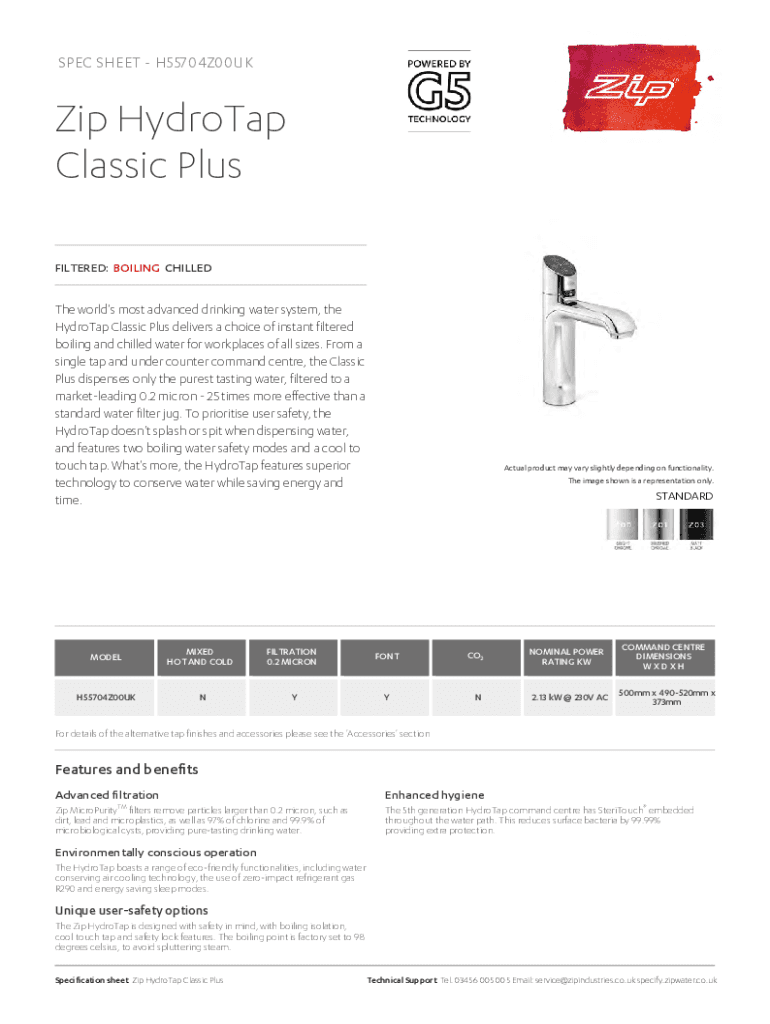 Fillable Online HydroTap Product Spec Sheets - Components - Zip Water ...
