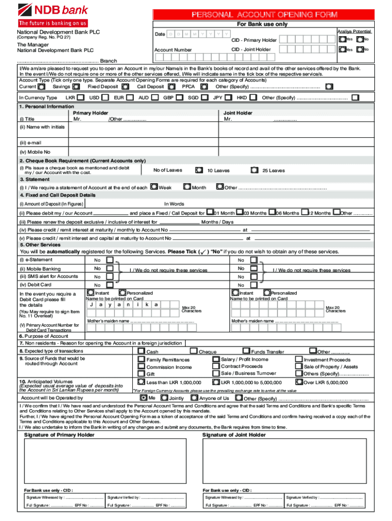 Fillable Online Personal Account Opening Form - NDB Bank Fax Email ...