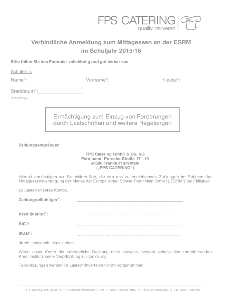Fillable Online Verbindliche Anmeldung zum Mittagessen an der ESRM ...