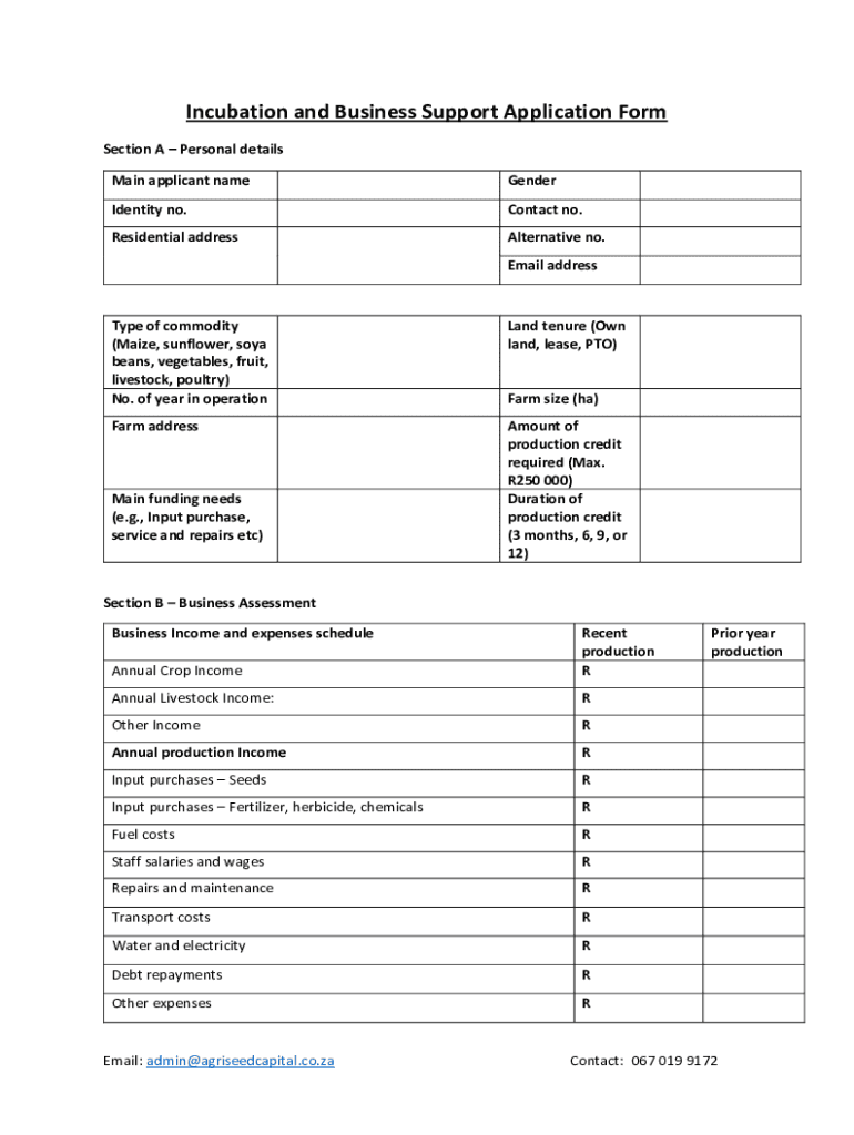 Fillable Online Incubation and Business Support Application Form Fax Email Print - pdfFiller
