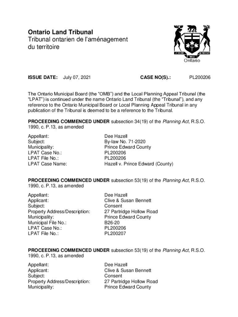 Fillable Online All recipients of the Ontario Land Tribunal Decision and Order ... Fax Email ...
