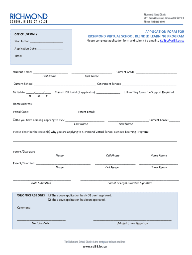 Fillable Online sd38 bc APPLICATION FORM FOR RICHMOND VIRTUAL SCHOOL ...
