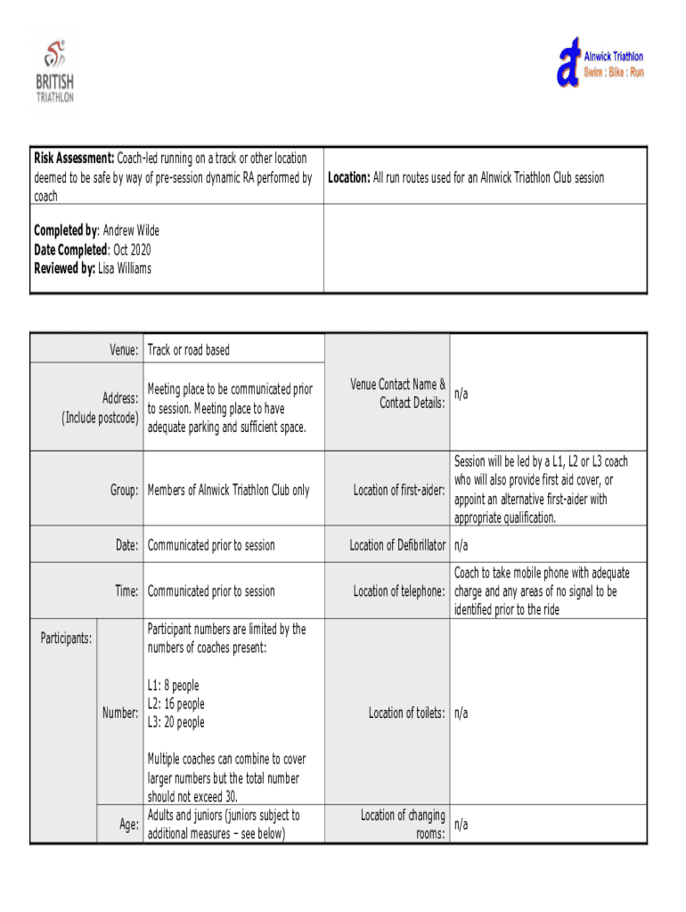 Fillable Online Risk Assessment: Coach-led cycling in an open road ...