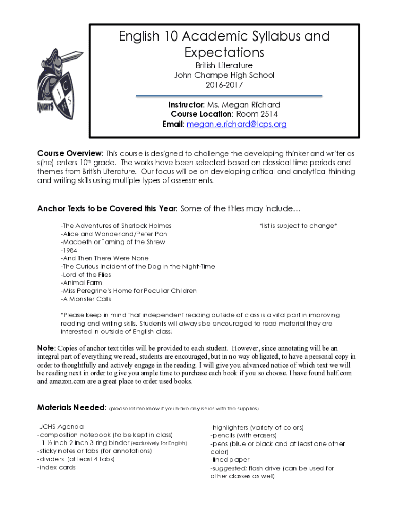 Fillable Online English 10 Academic Syllabus and Expectations Fax Email ...