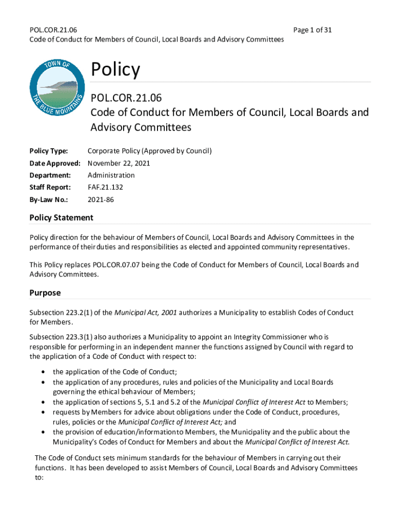 Fillable Online Code of Conduct (Council and Local Boards) Service Area ...