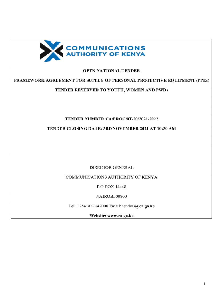 Fillable Online OPEN NATIONAL TENDER FRAMEWORK AGREEMENT FOR SUPPLY AND ...