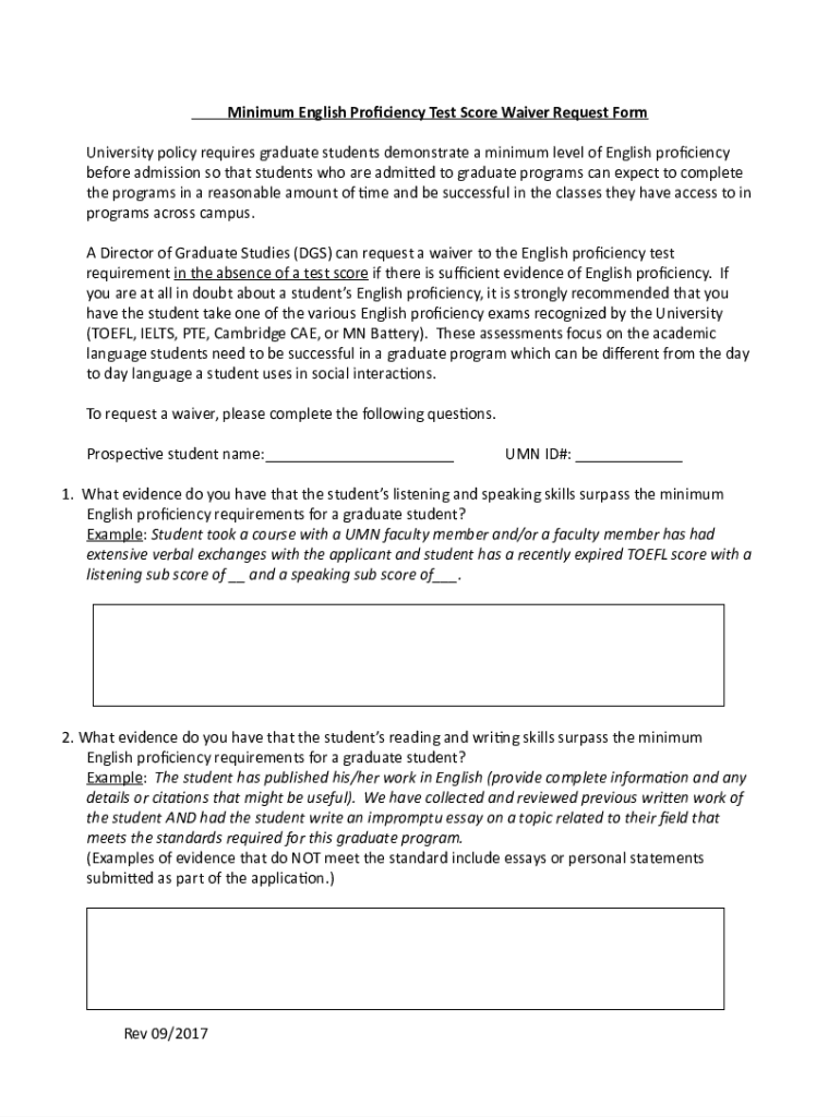 Fillable Online grad umn Minimum English Proficiency Test Score Waiver ...