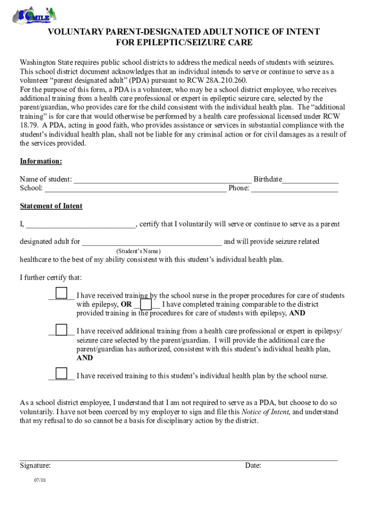 Fillable Online Voluntary Parent-Designated Adult Notice of Intent and ...