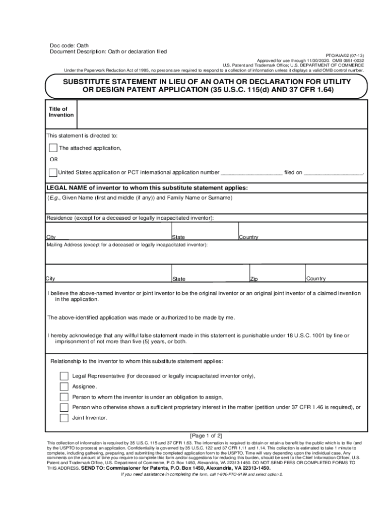 Fillable Online SUBSTITUTE STATEMENT IN LIEU OF AN OATH ... - USPTO Fax ...
