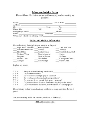 Fillable Online Massage Intake Form Please complete other side Fax ...