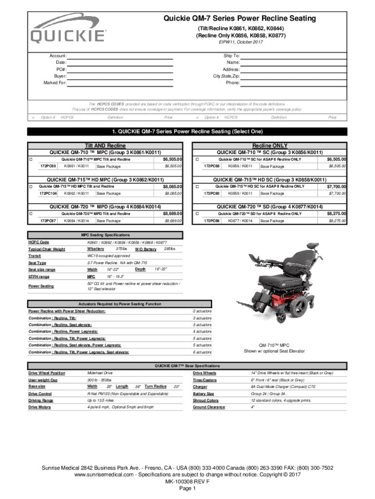 Fillable Online Sunrise Quickie QM-7 Series Mid-Wheel Power Wheelchair ...