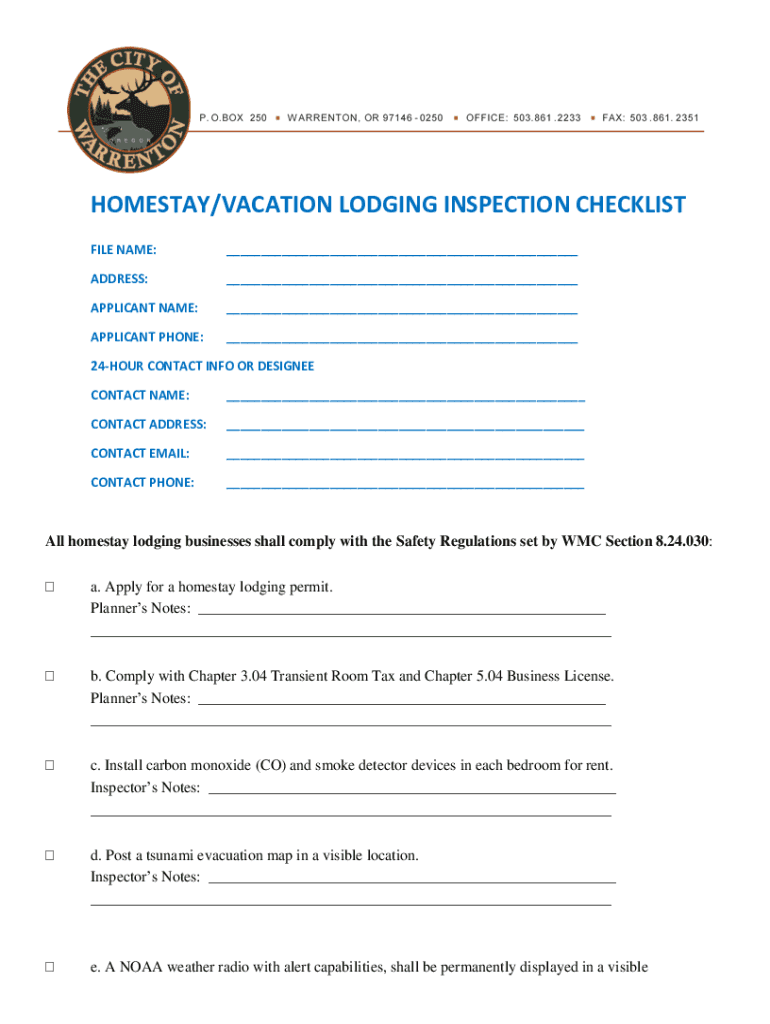 Fillable Online HOMESTAY/VACATION LODGING INSPECTION CHECKLIST Fax ...