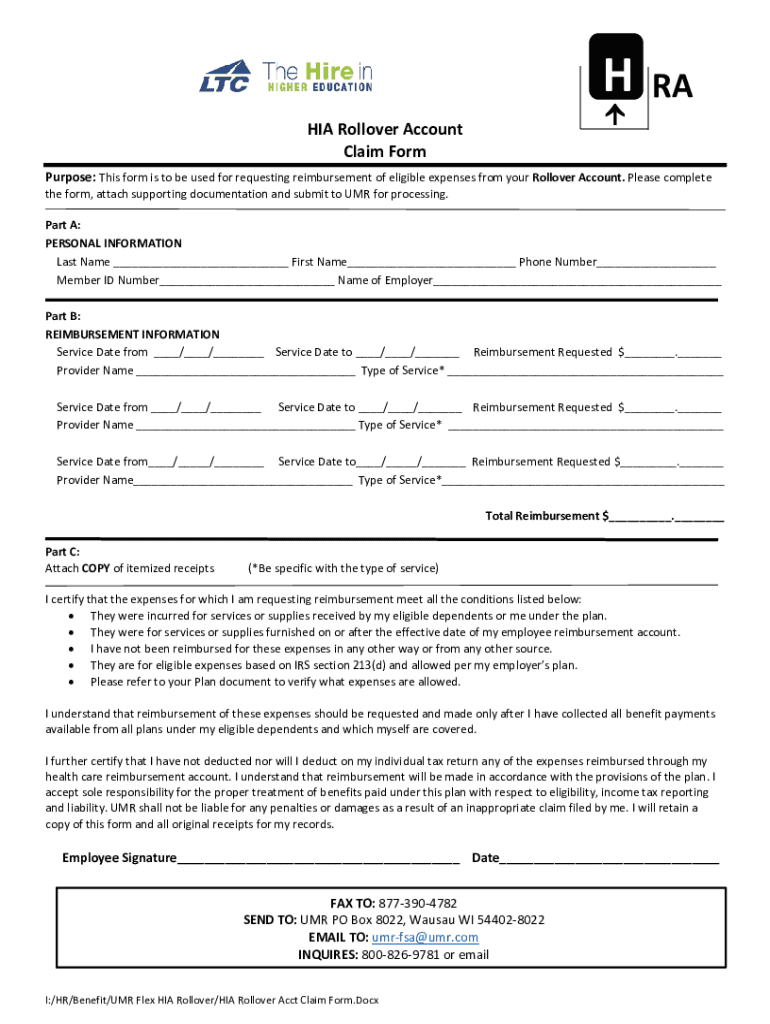 Fillable Online LTC HIA Rollover Claim Form.pdf - gotoLTC Fax Email ...