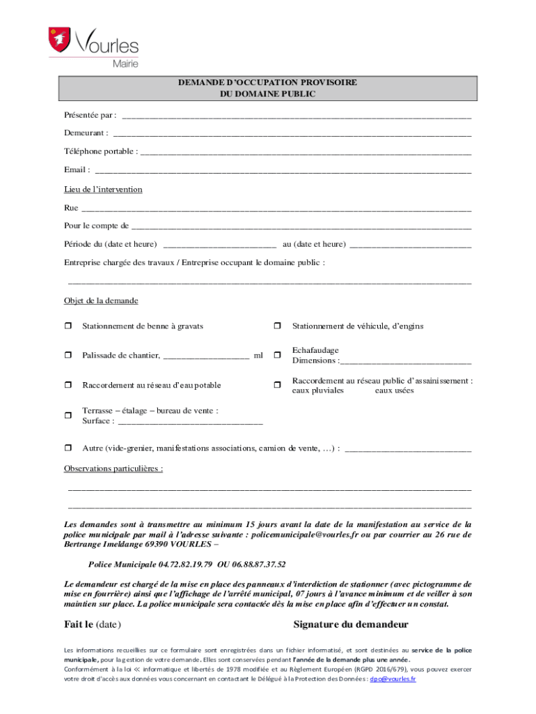 Fillable Online Autorisation d'Occupation Temporaire du domaine public Fax Email Print - pdfFiller