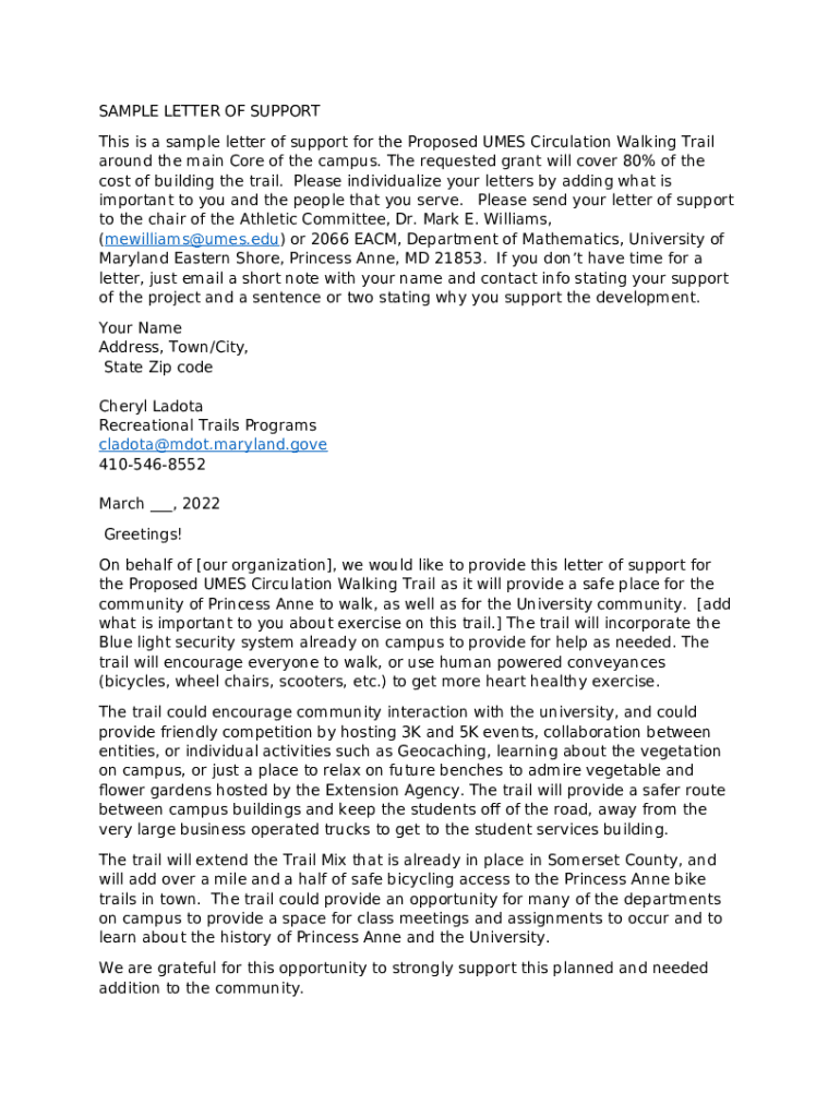 Sample Letter of Support for Walking Trail Doc Template | pdfFiller
