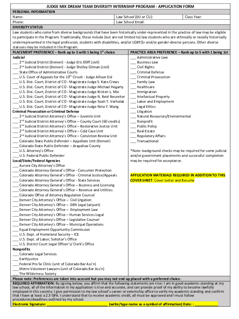 Fillable Online JUDGE MIX DREAM TEAM DIVERSITY INTERNSHIP ... Fax Email ...