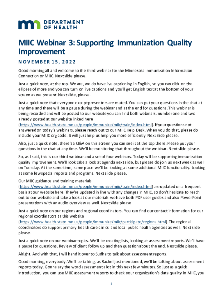 Fillable Online MIIC Webinar 3: Supporting Immunization Quality ...