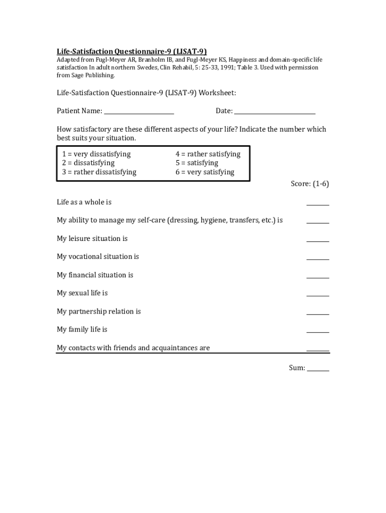 Fillable Online Life-SatisfactionQuestionnaire-9(LISAT-9) Fax Email ...