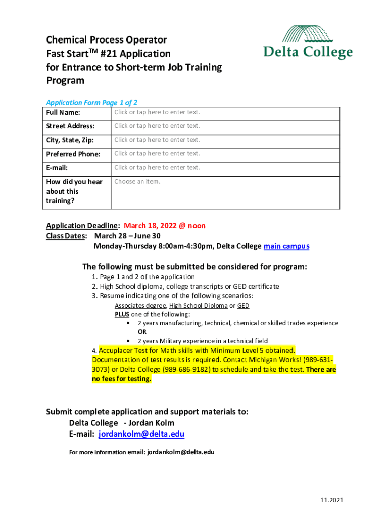 Fillable Online Chemical Process Operator Fast StartTM #21 Application ...
