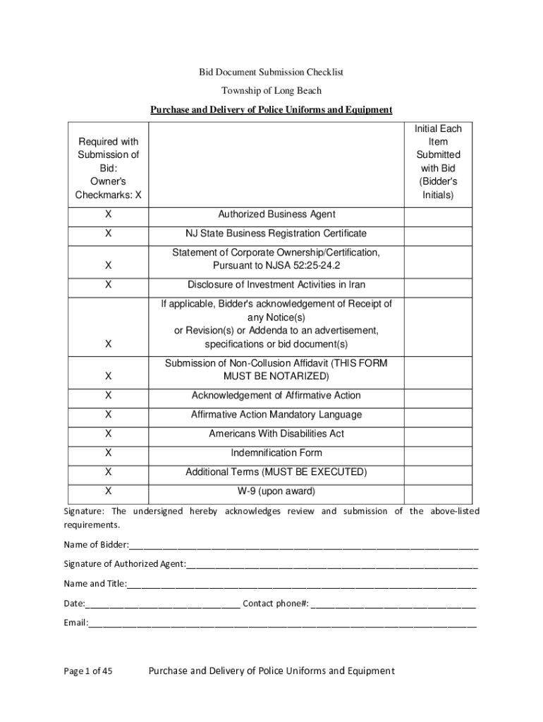 Fillable Online Page 1 of 21 Bid Document Submission Checklist Township ...