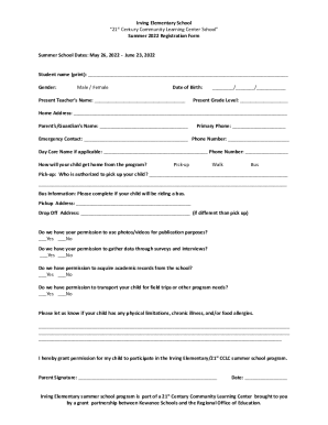 Fillable Online 2022 Irving Summer School Registration Form Fax Email ...