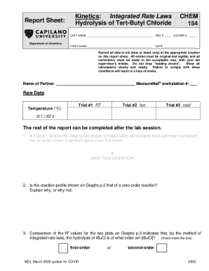 Fillable Online Report Sheet: Kinetics: Integrated Rate Laws Hydrolysis ...