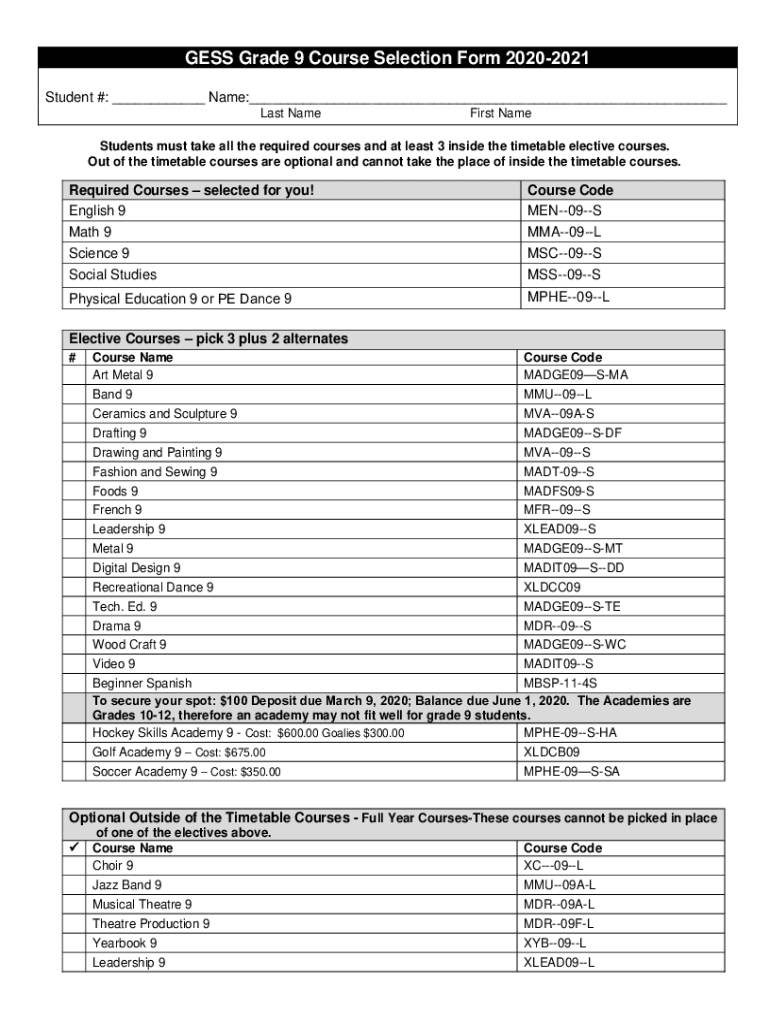 Fillable Online GESS Grade 9 Course Selection Form 2020-2021 Fax Email Print - pdfFiller