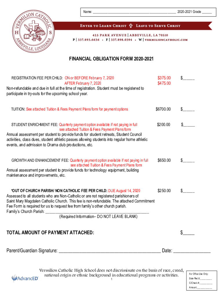 Fillable Online financial obligation form 2020-2021 - Vermilion Catholic Fax Email Print - pdfFiller