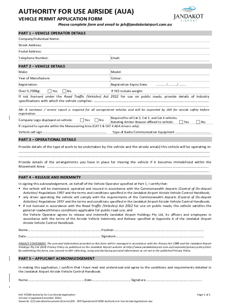 Fillable Online Authority to Use Airside (AUA) Application Form ...