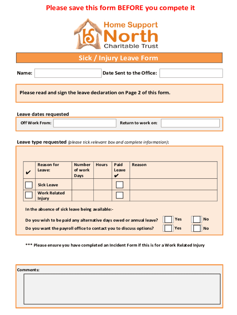 Fillable Online Sick / Injury Leave Form Fax Email Print - pdfFiller