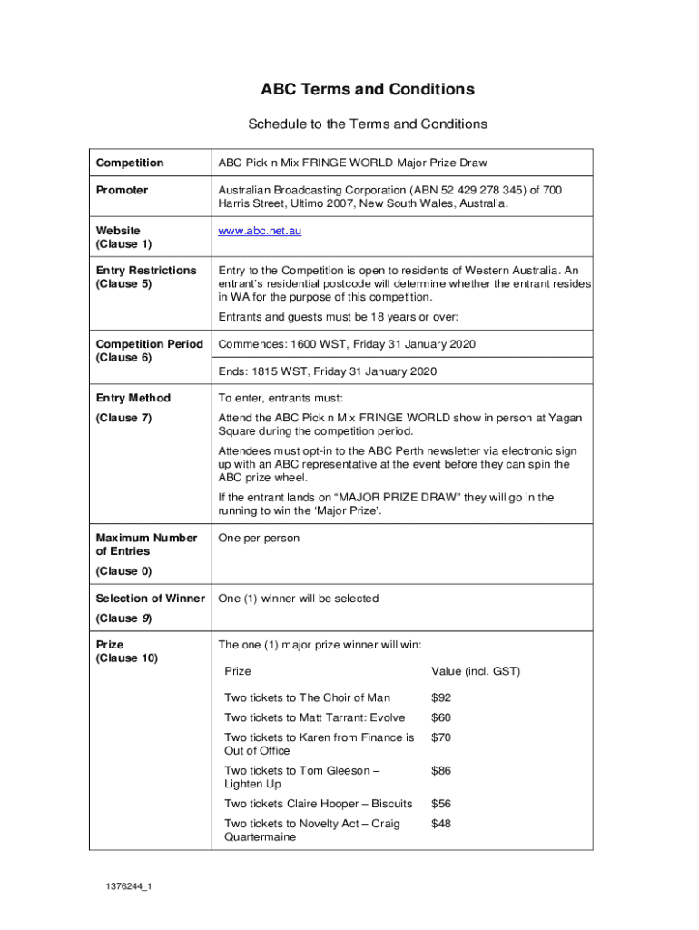 Fillable Online ABC Terms and Conditions: Schedule to the Terms and ...