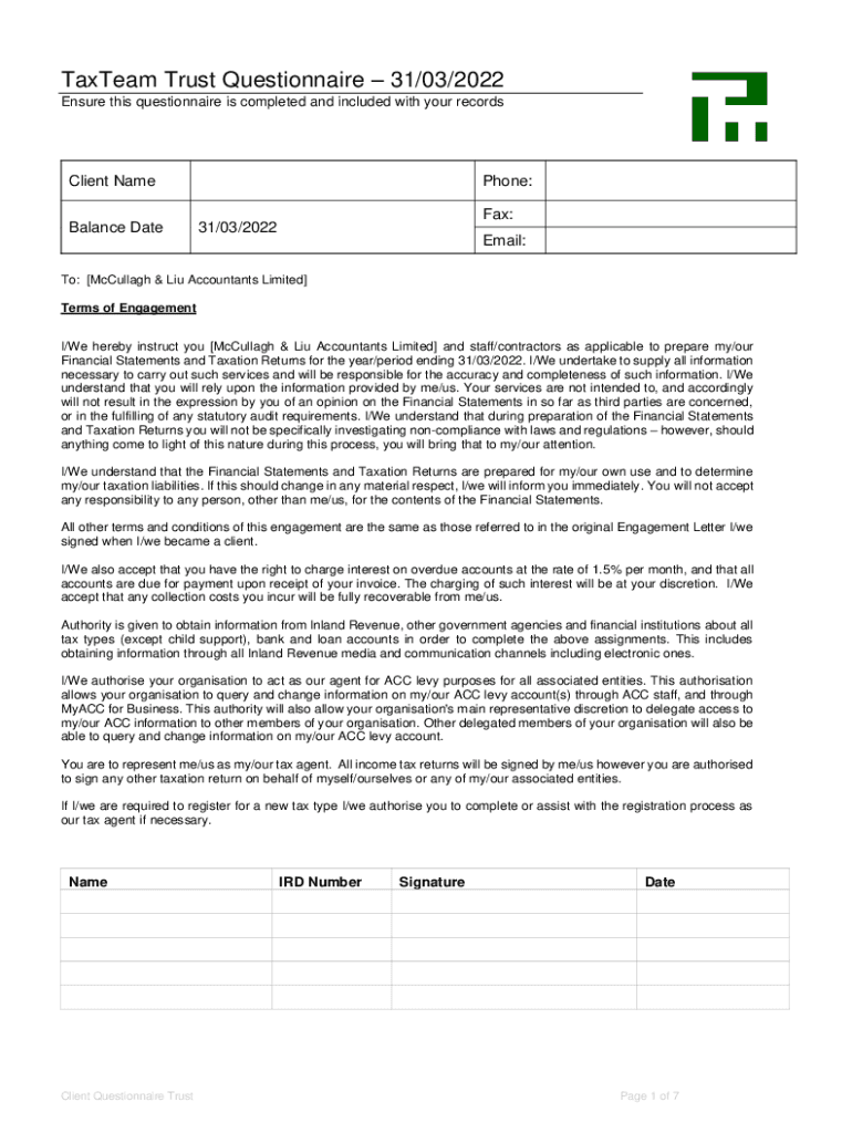 Fillable Online TaxTeam Client Questionnaire Trust Fax Email Print ...