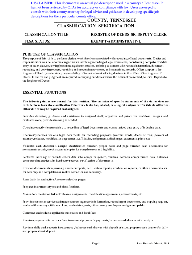 Fillable Online COUNTY, TENNESSEE CLASSIFICATION SPECIFICATION Fax ...