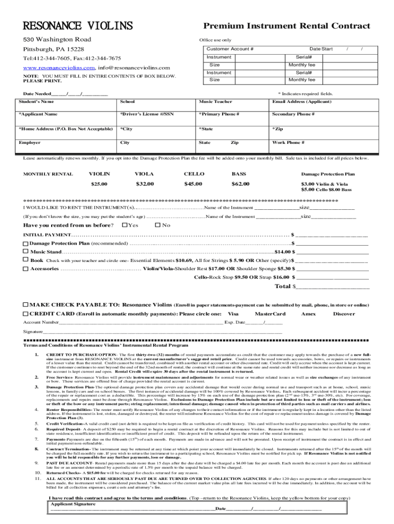 Fillable Online String Instrument Rental Contract - Resonance Violins ...