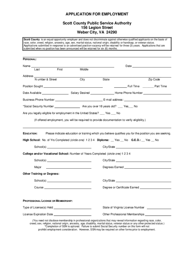 Fillable Online APPLICATION FOR EMPLOYMENT - Scott County PSA Fax Email Print - pdfFiller