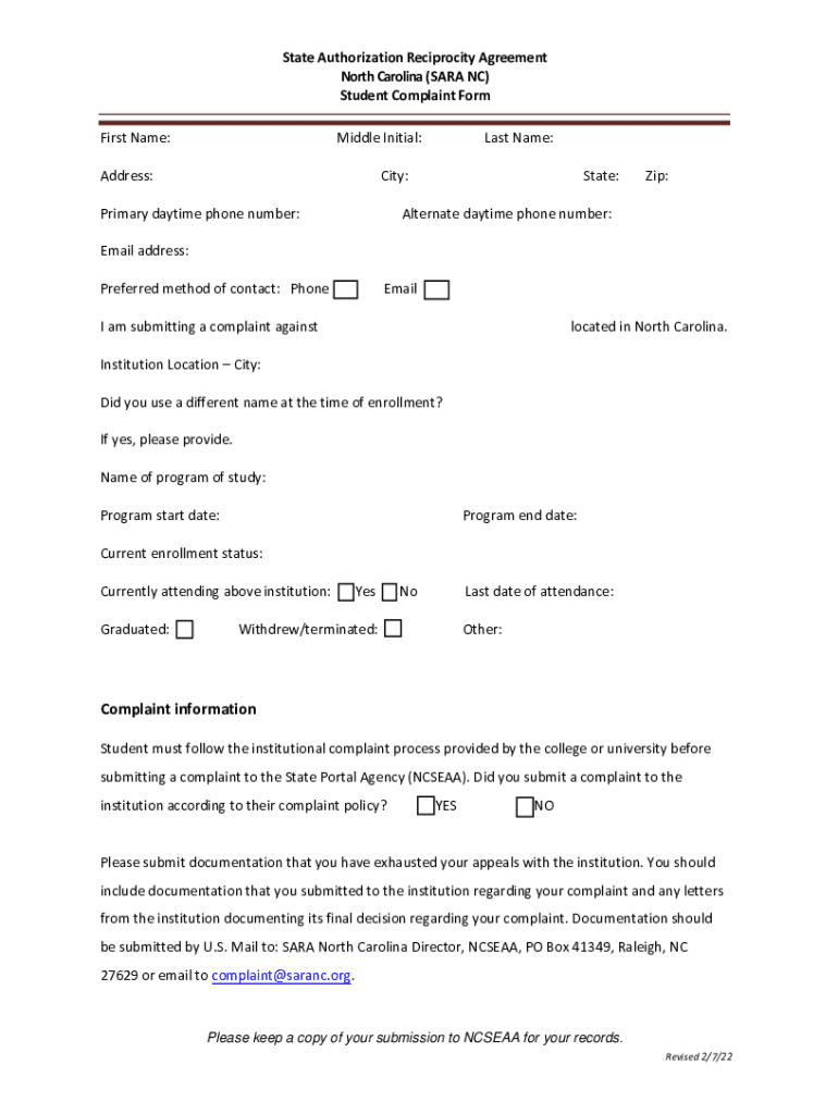 Fillable Online State Authorization and Reciprocity Agreement (SARA ...