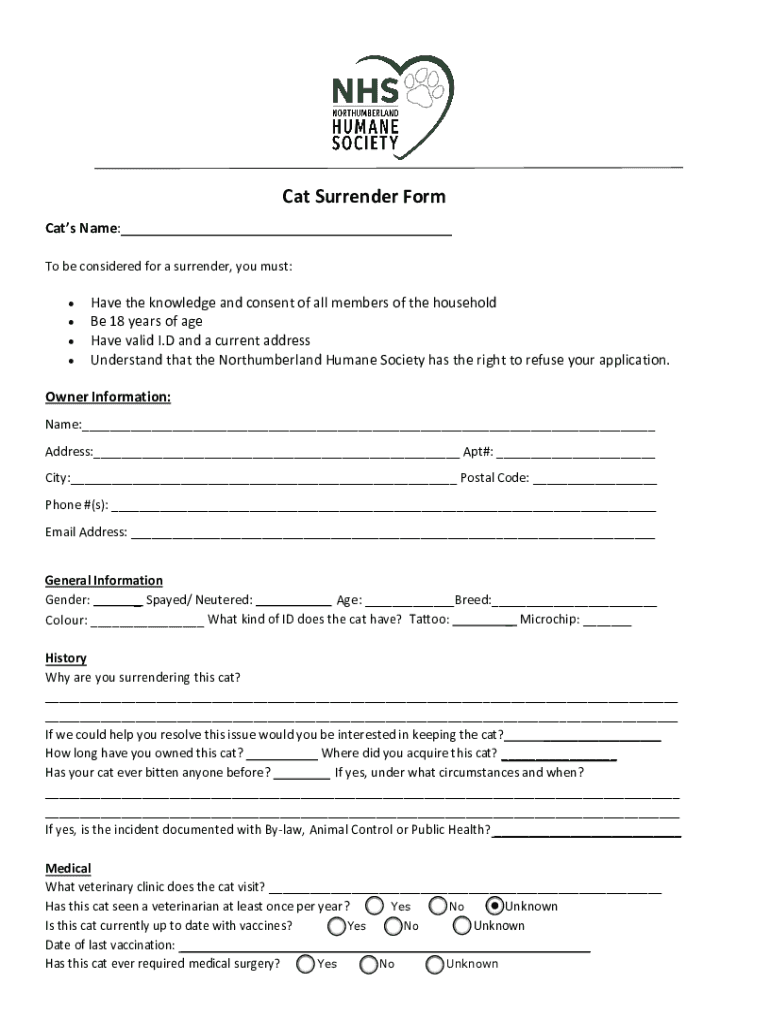 Fillable Online Feline (Cat) Adoption ApplicationNo Kill Shelter Fax ...