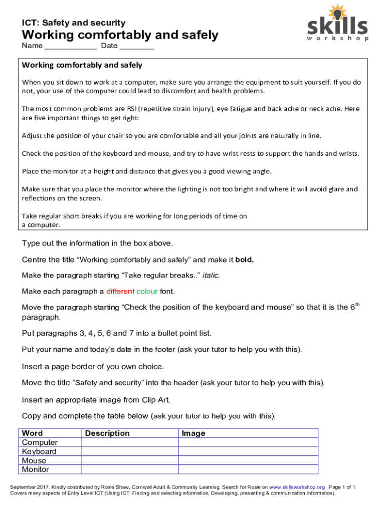 Fillable Online Working comfortably and safely - Entry ICT - Skills Workshop Fax Email Print ...