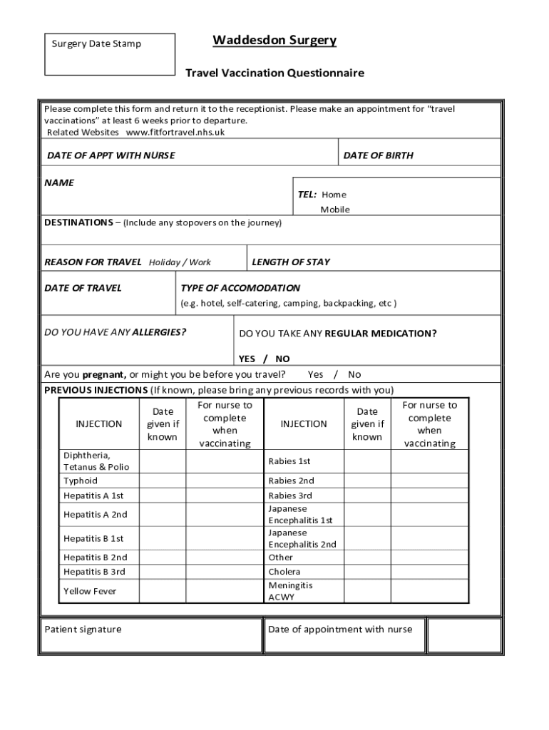 Fillable Online Pleasley Surgery Travel Vaccination Form Fax Email ...