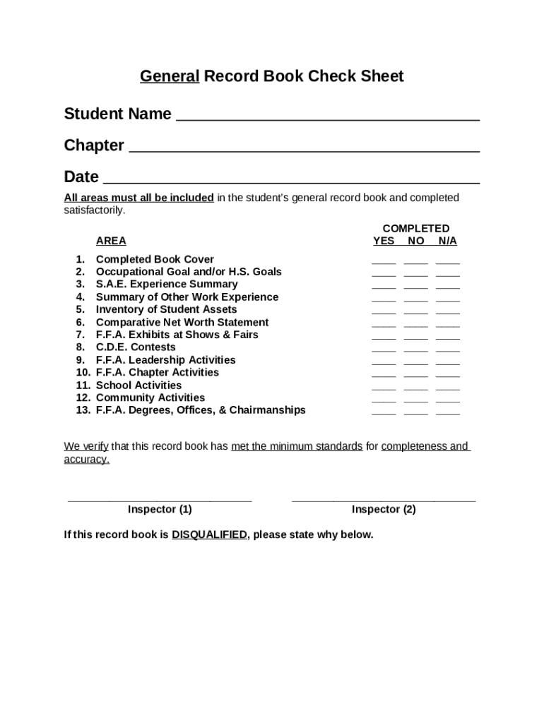 General Record Book Check Sheet Doc Template | pdfFiller