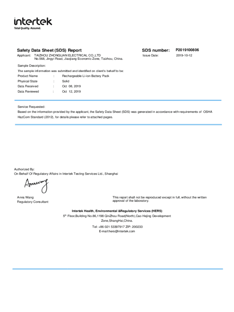 Fillable Online Safety Data Sheet (SDS) Report SDS number: P2019100806 ...