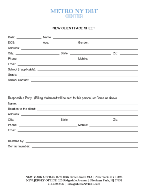 Fillable Online New Client Face Sheet - Metro NY DBT Center Fax Email ...
