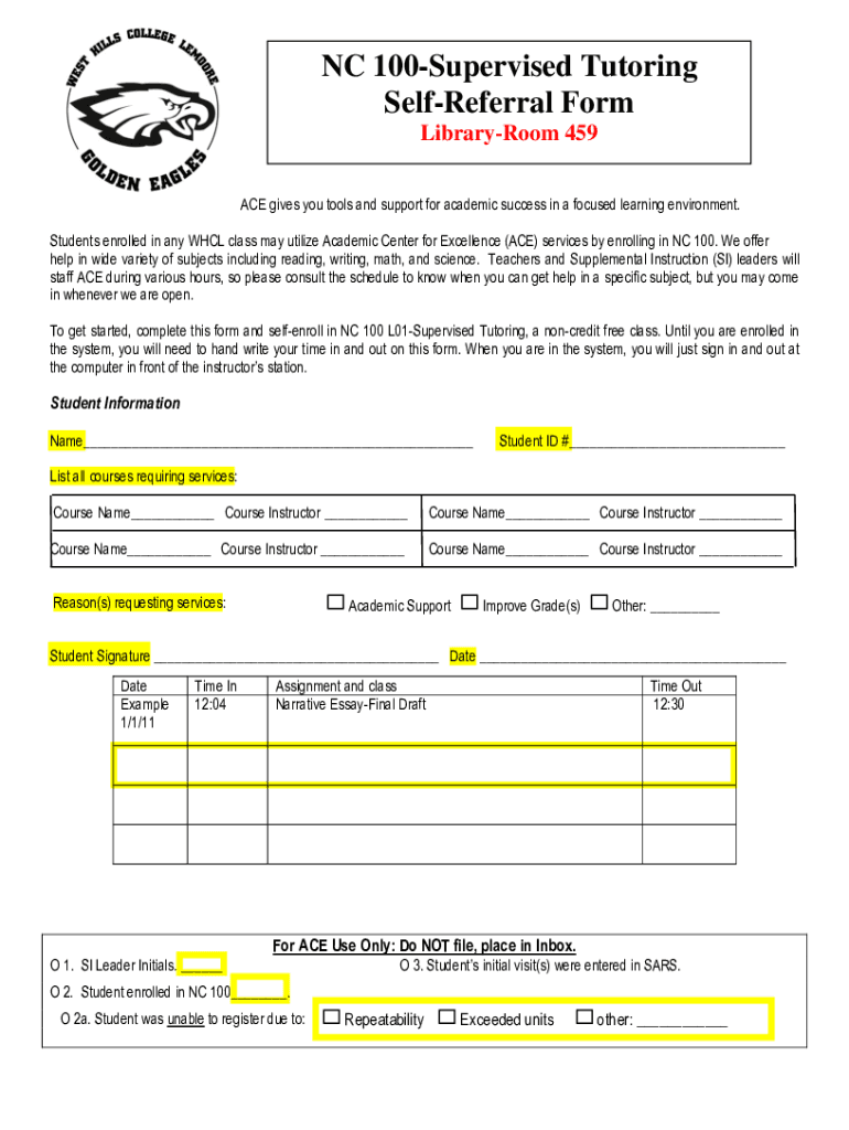 Fillable Online NC 100-Supervised Tutoring Self-Referral Form Fax Email ...