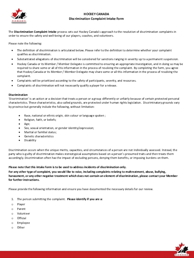 Fillable Online HOCKEY CANADA Discrimination Complaint Intake Form Fax ...