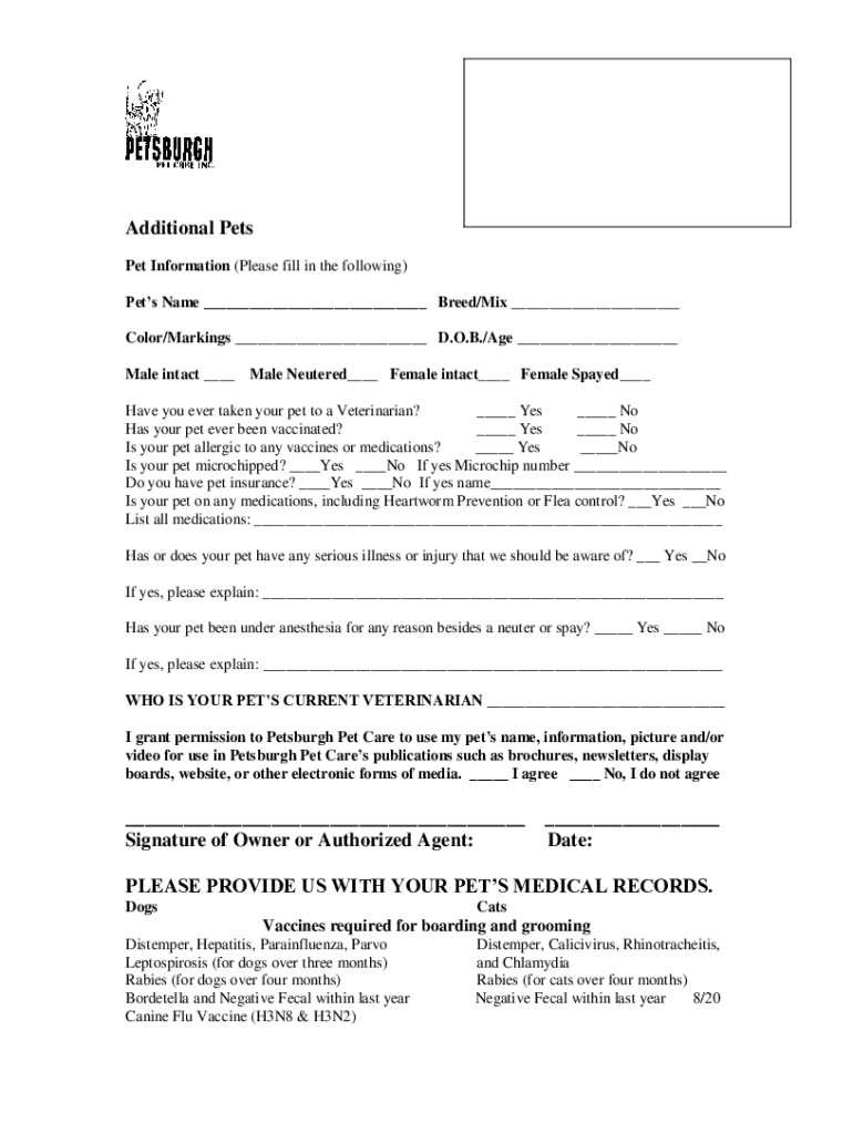 Fillable Online Boarding intake form for owners - Civano Animal ...