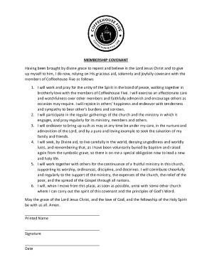 Fillable Online MEMBERSHIP COVENANT Having been brought by divine ...