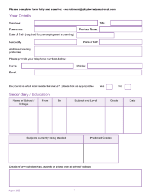 Fillable Online Bursary Application Form - Skipton International Fax ...